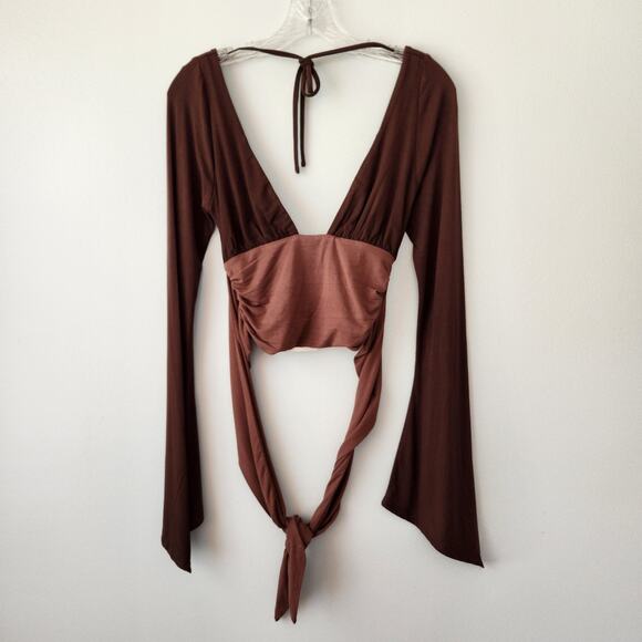 Outcast | Tops | Outcast Top Womens S Brown Plunging Neckline Flare ...